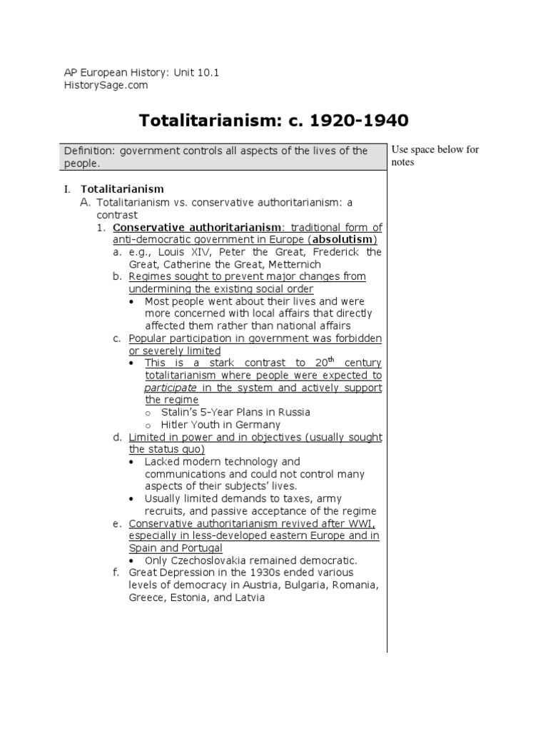 Totalitarianism: C. 1920-1940: Use Space Below For Notes | PDF | Nazi ...