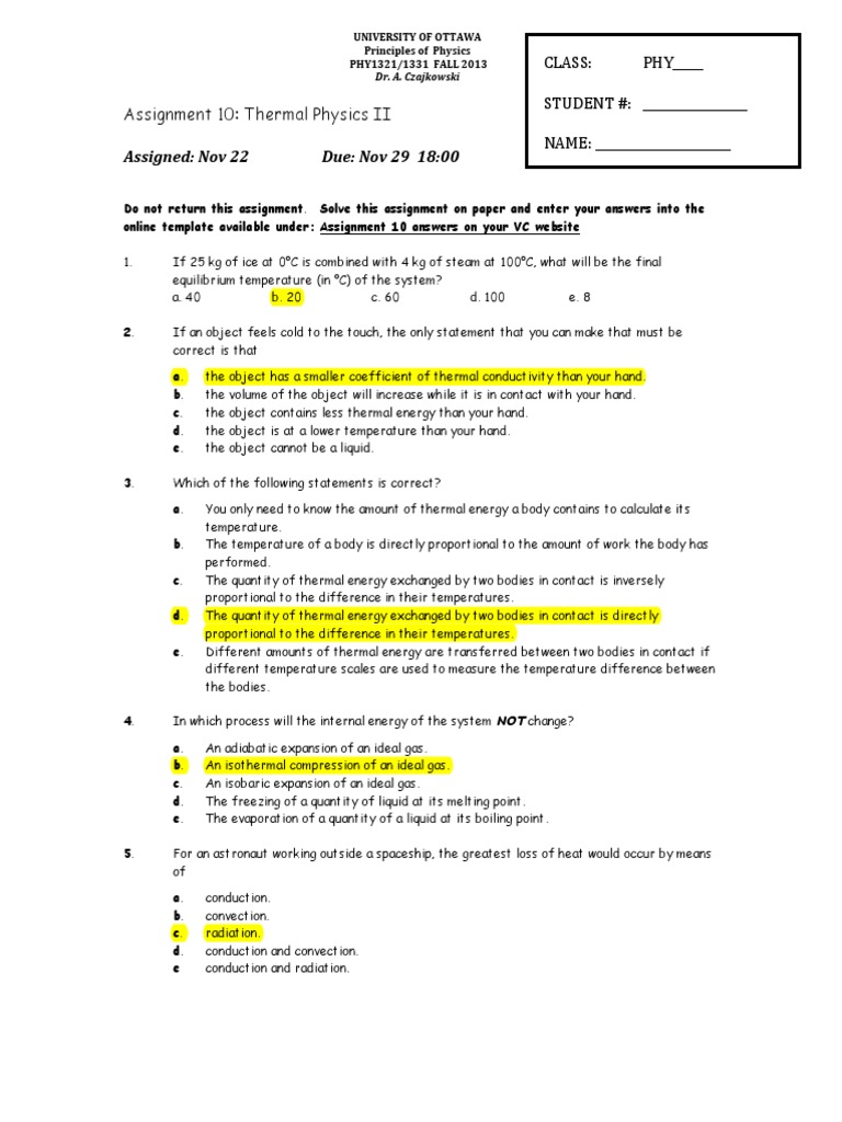 Thermal Physics Ii Assignment 10 Pdf Heat Temperature
