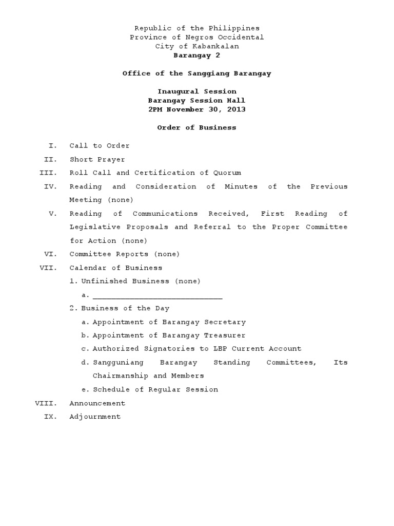 Barangay Session Order of Business | PDF | Government