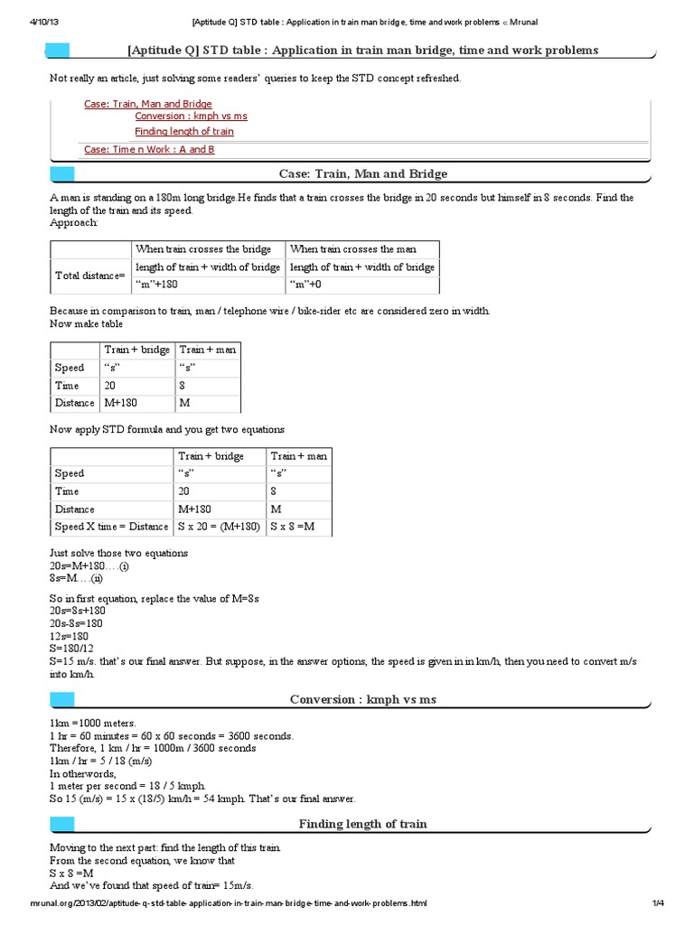 (Aptitude Q) STD Table - Application in Train Man Bridge, Time and Work ...