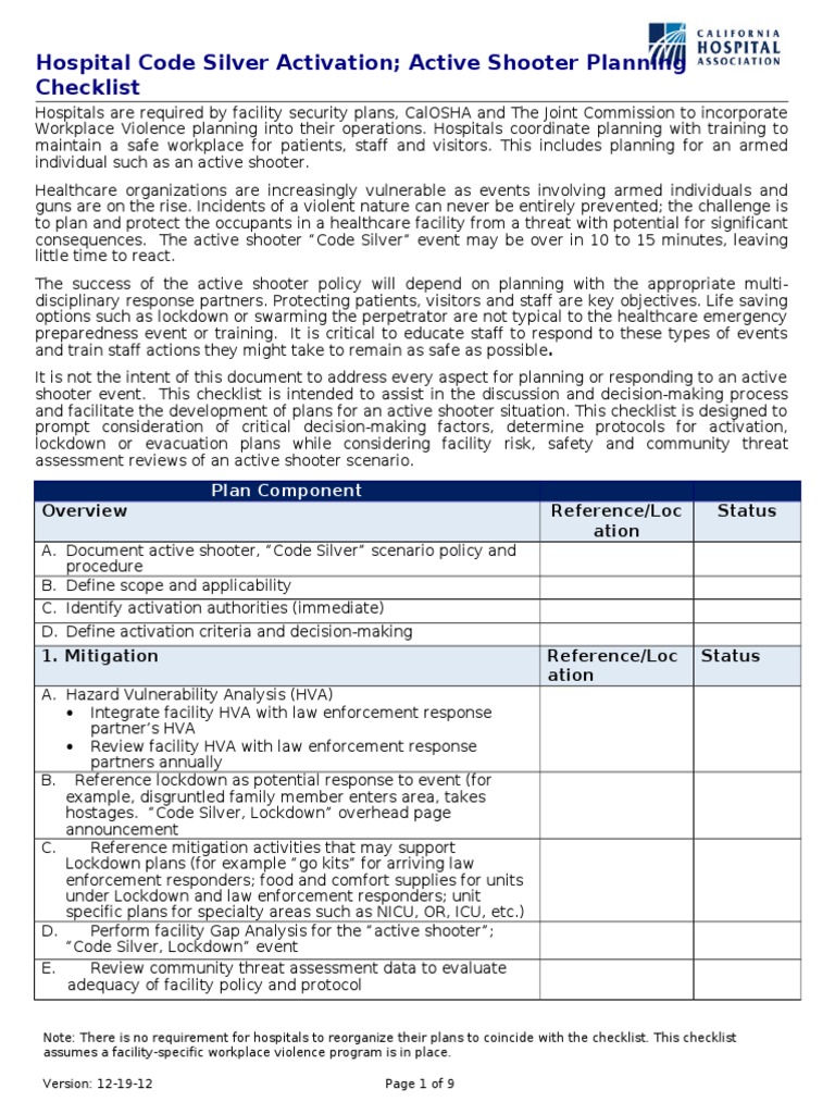 Hospital Code Silver Activation Active Shooter Planning Checklist ...