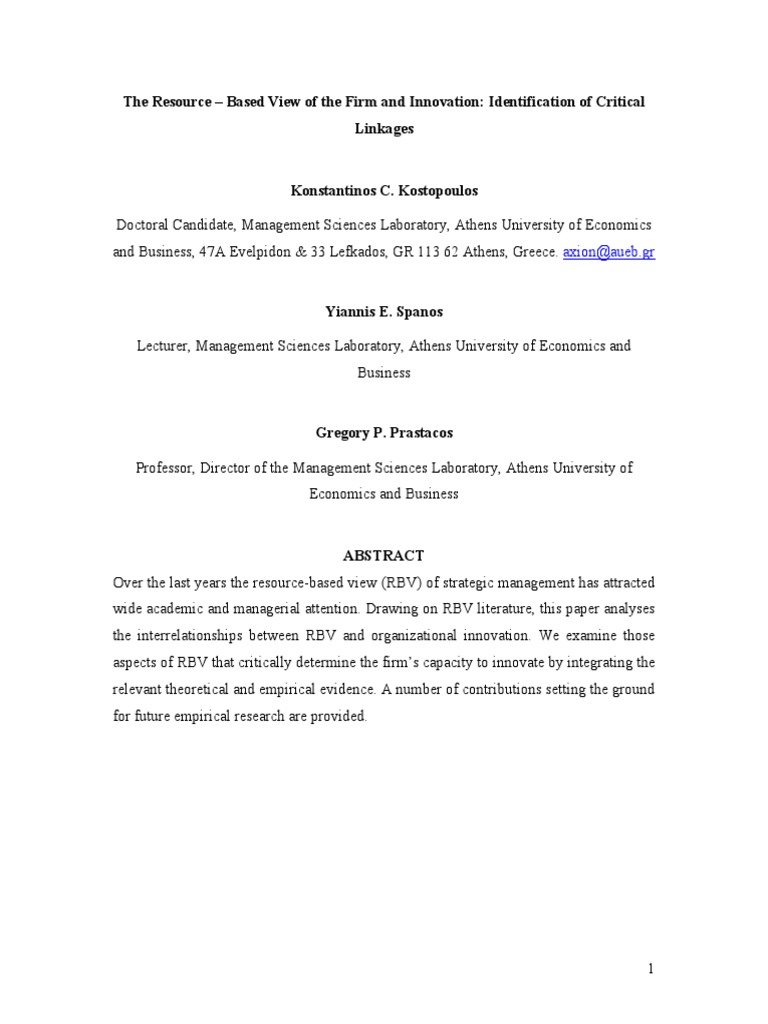 The Resource - Based View of The Firm and Innovation: Identification of ...