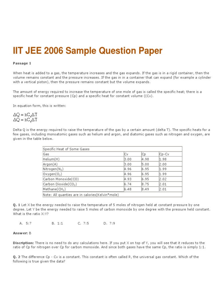 IIT JEE 2006 Sample Question Paper | PDF | Gases | Vitamin C