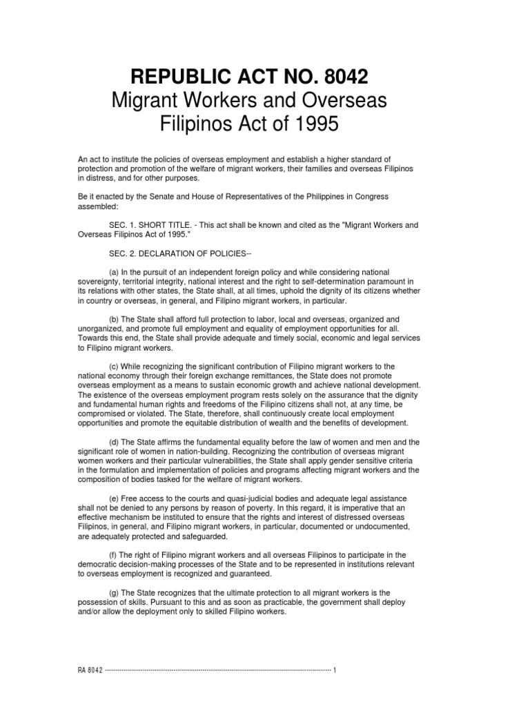 Republic Act 8042 | PDF | Migrant Worker | Legal Aid