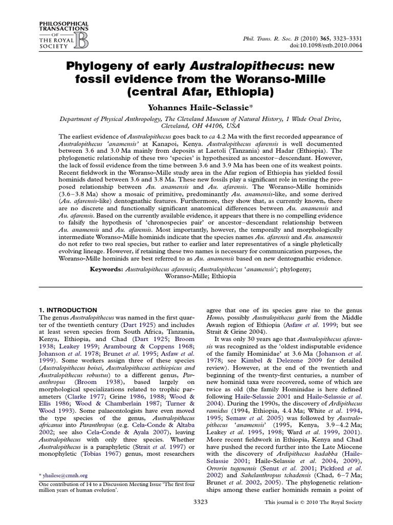 Australopithecus Phylogeny H. Sellassie | PDF | Human Evolution | Pliocene