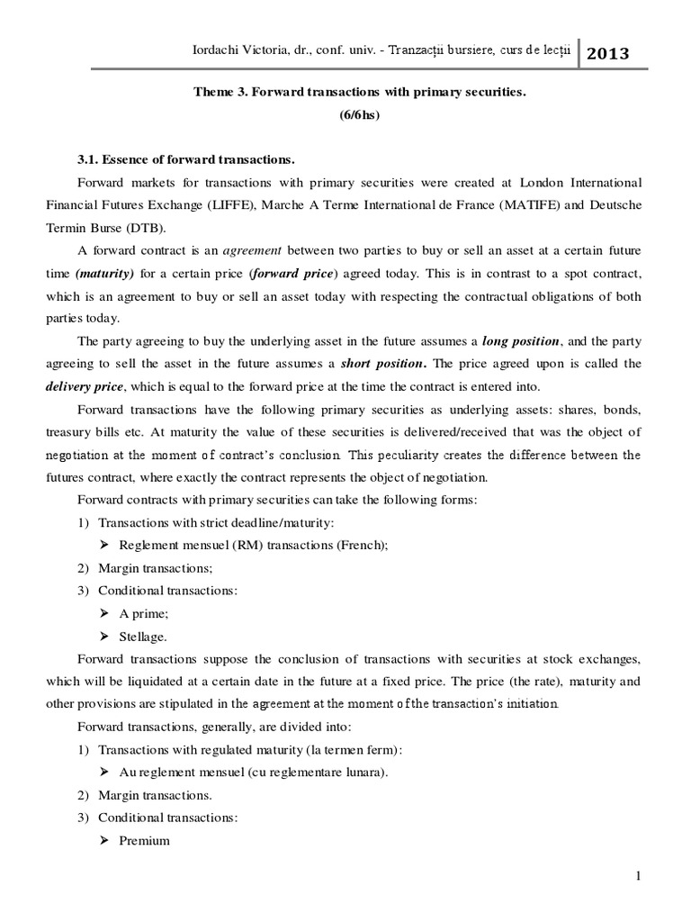 Theme 3. Forward Transactions With Primary Securities. (6/6hs) | PDF ...