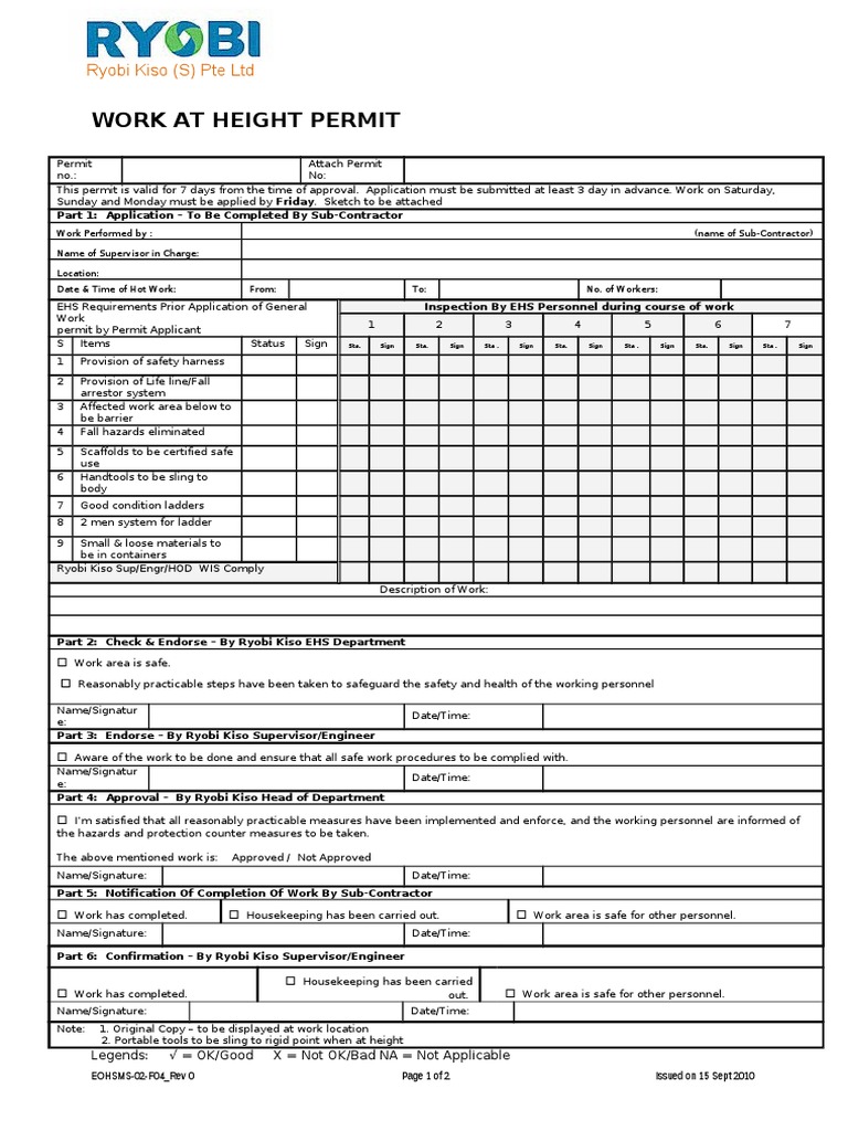 Work at Height Permit: Ryobi Kiso (S) Pte LTD | PDF | Justice | Crime ...