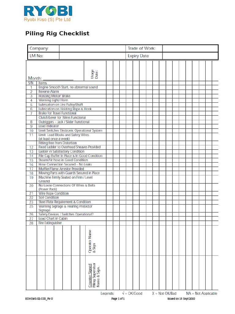 EOHSMS-02-C03 - RV 0 Piling Rig Checklist | PDF