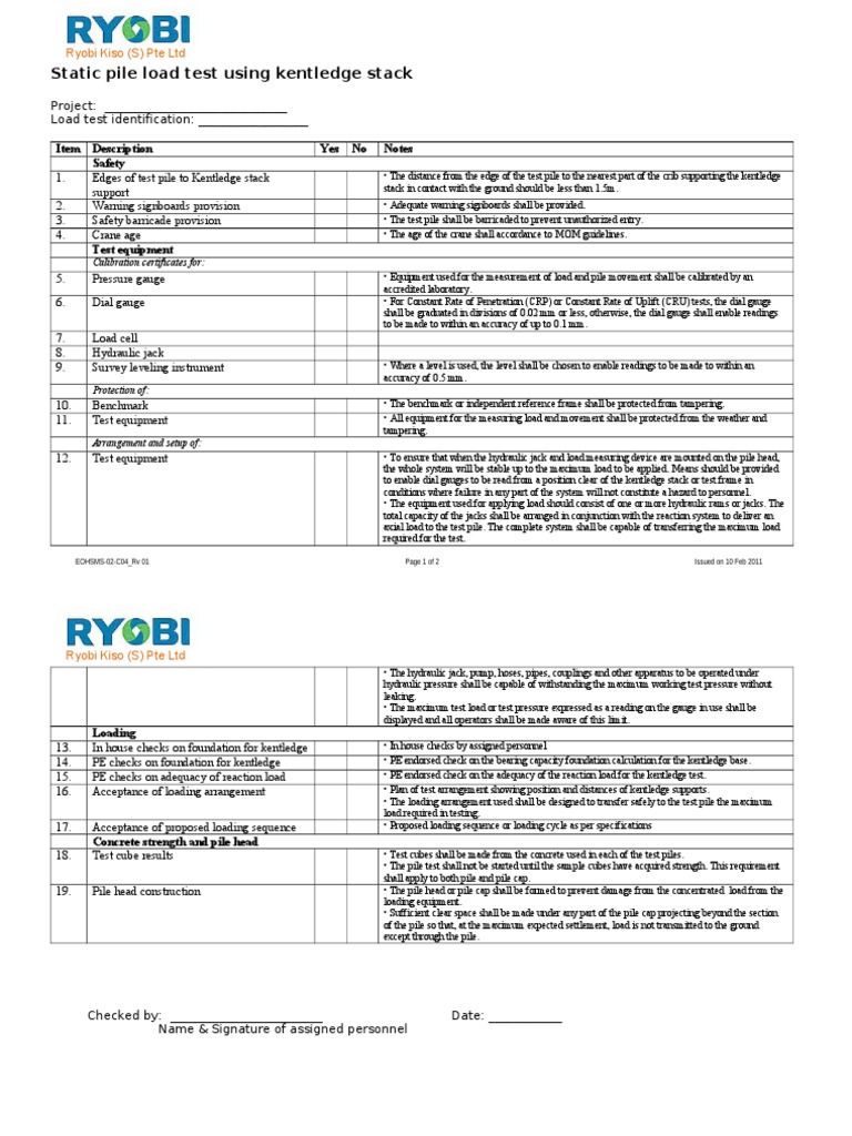 EOHSMS-02-C04 - RV 1 Test Pile Checklist | PDF | Engineering | Nature
