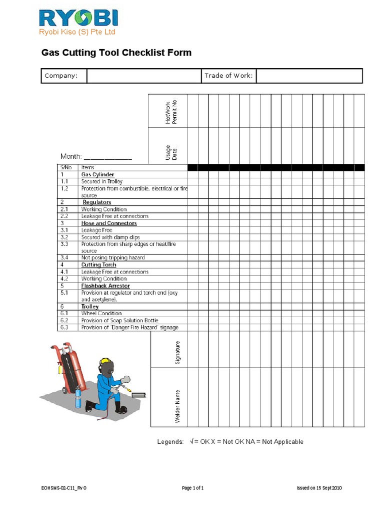 Gas Cutting Tool Checklist Form: Ryobi Kiso (S) Pte LTD | PDF