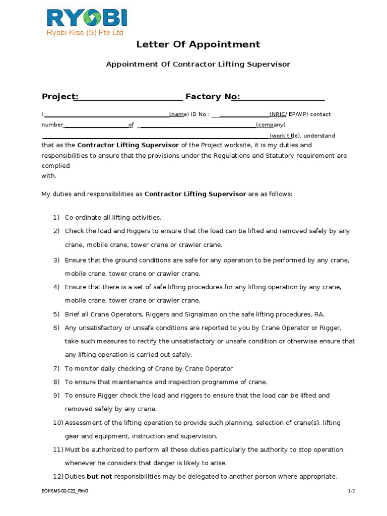 EOHSMS-02-C22 LOA Lifting Supervisor | PDF | Construction Equipment ...