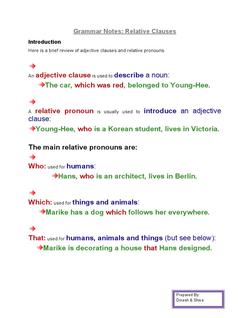 Teacher Notes On Relative Clauses | PDF | Adjective | Pronoun