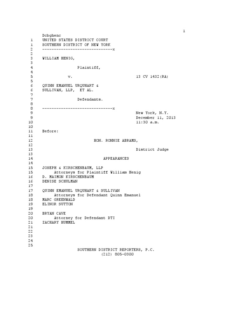 Transcript For Henig v. Quinn Emanuel | PDF | Complaint | Lawyer