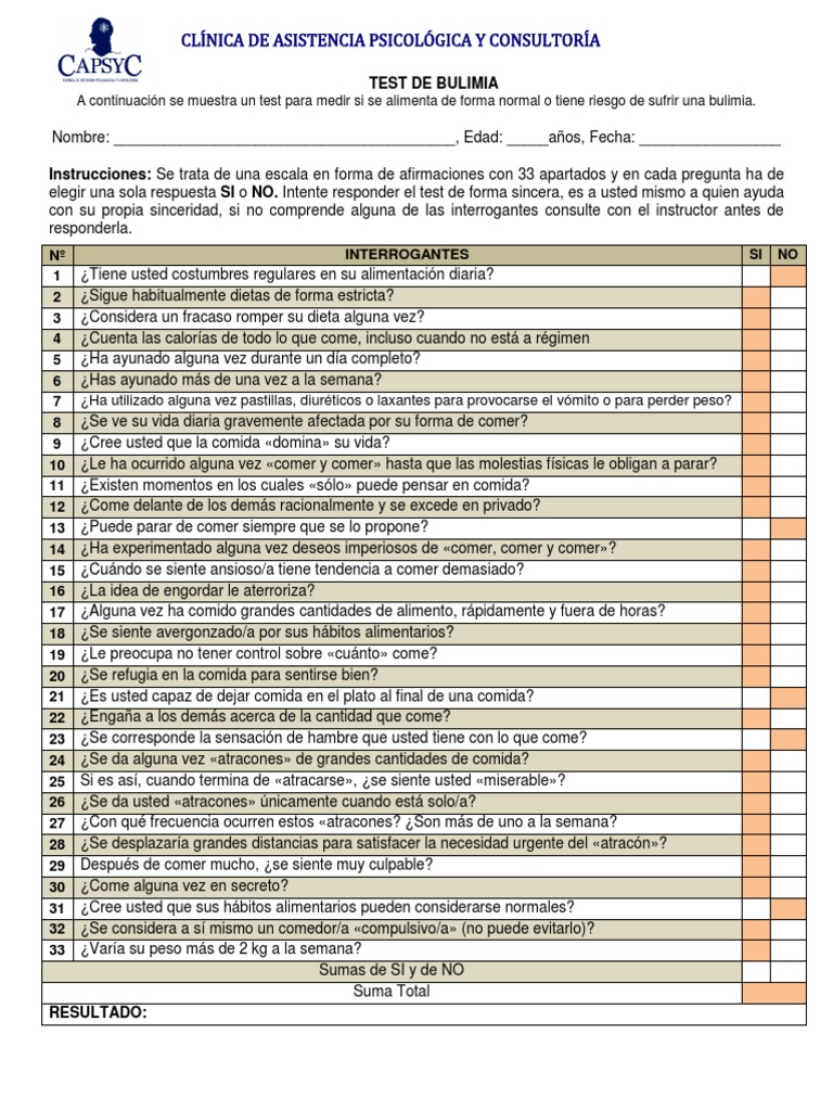 Test de Bulimia ED-2010 | PDF | Bulimia nerviosa | Ciencias del ...