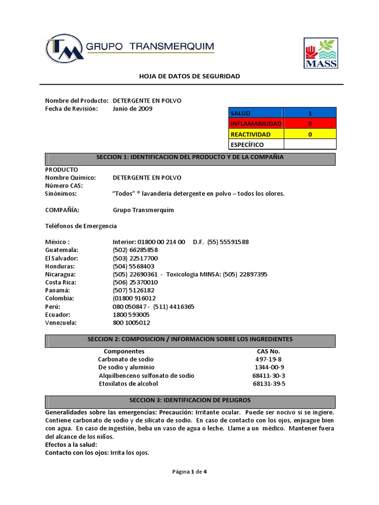 Msds Detergente en Polvo | PDF | Agua | Mercurio (Elemento)