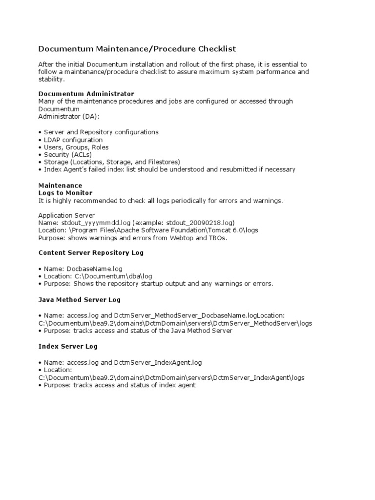 Documentum Maintenance Checklist | PDF | Backup | Database Index