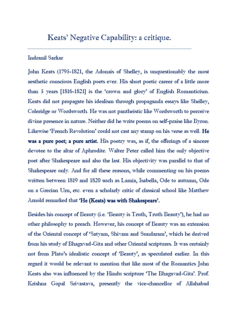 Keats' Negative Capability Explored | PDF | Epistemology | Poetry