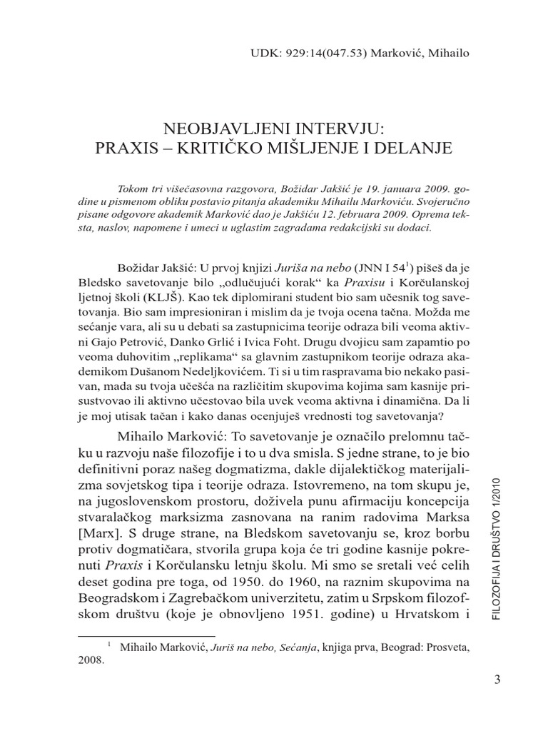Mihajlo Markovic - Neobjavljeni Intervju | PDF