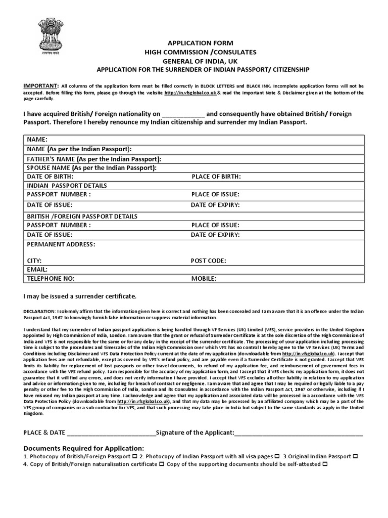 Application Form Surrender of Indian Passport | Passport | Travel Visa
