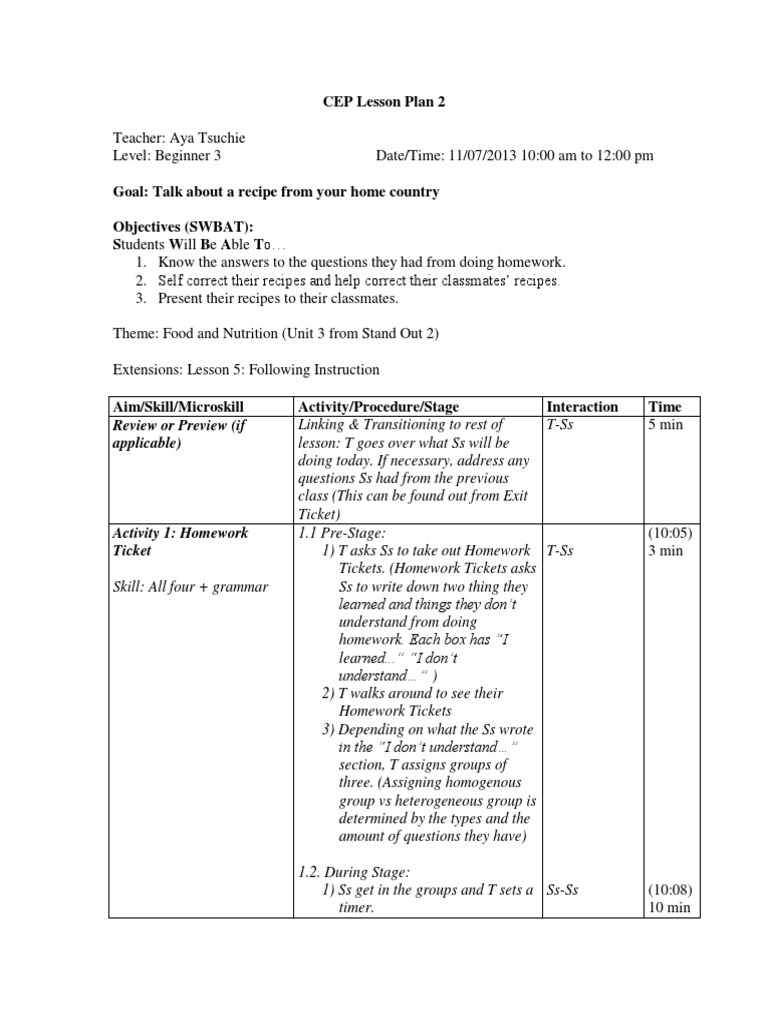 Cep Lesson Plan 2 | PDF | Lesson Plan | Homework