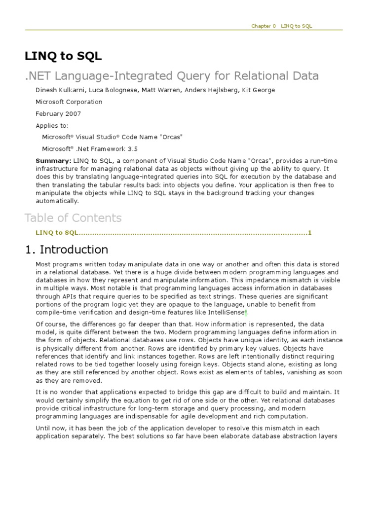 Linq To Sql Overview Csharp And Vb Pdf Language Integrated Query Relational Database