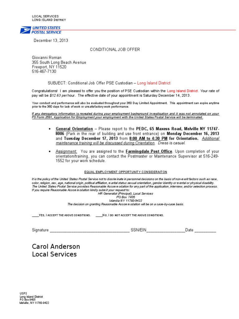 Usps Conditional Job Offer Letter Custodian | PDF | Discrimination | Applied Ethics