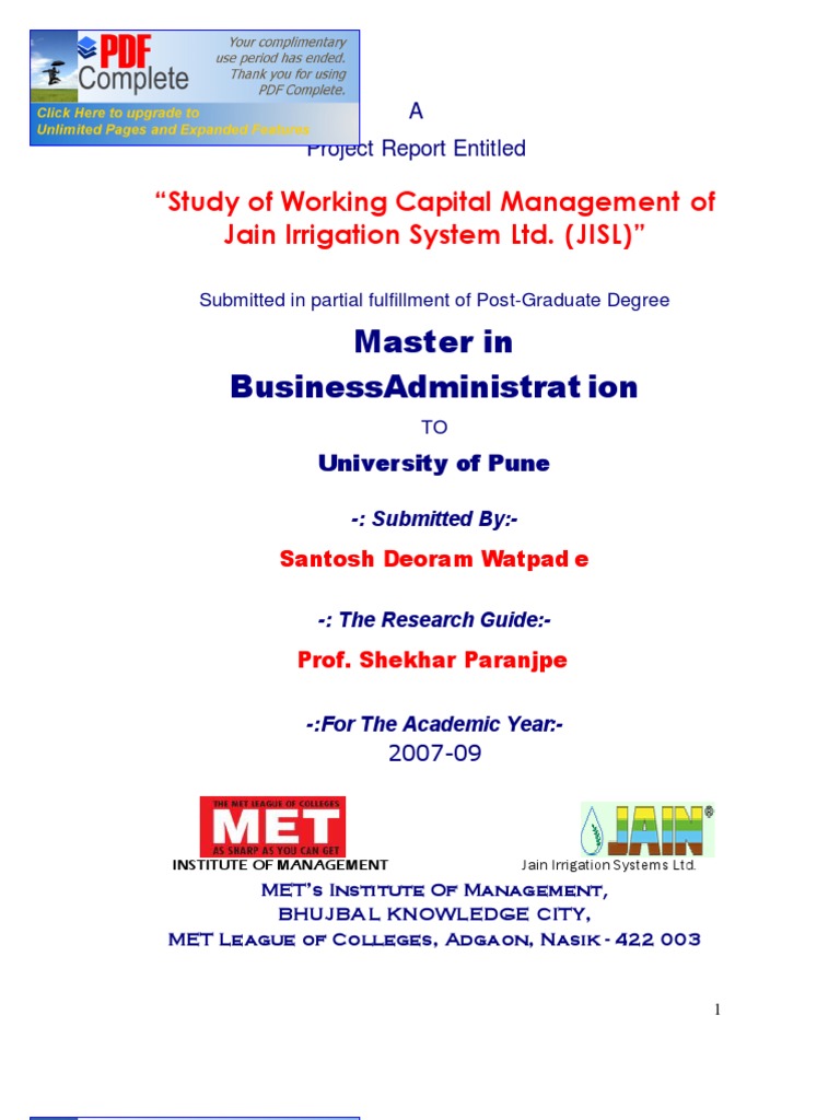 Working Capital Management Project | PDF