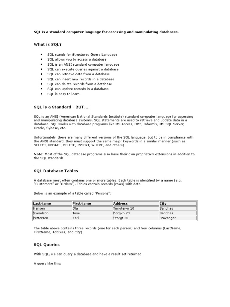 What Is SQL?: SQL Is A Standard Computer Language For Accessing and Manipulating Databases | PDF