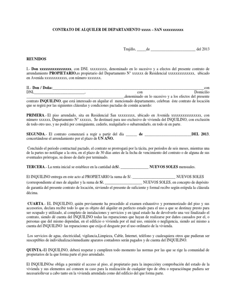 Modelo de Contrato Renta Primera | Pagos | Alquiler