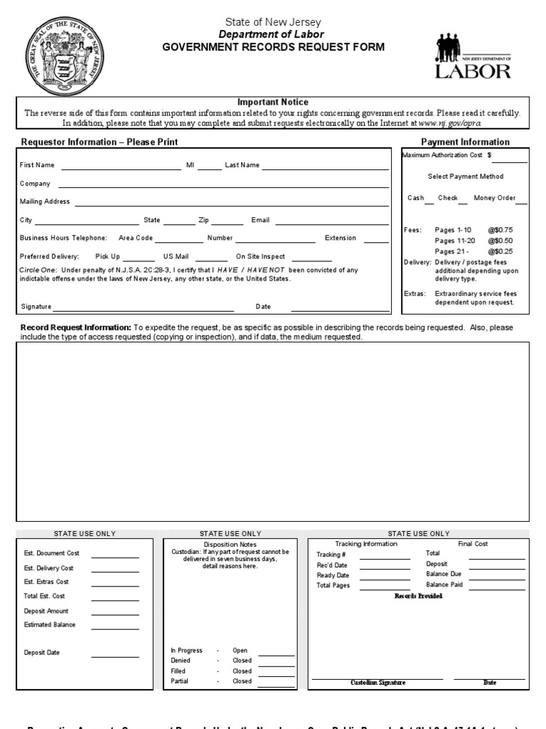 NJ OPRA Government Records Request Form | PDF | Mail | Government