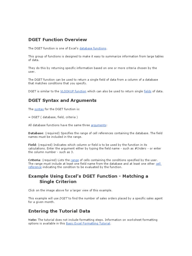 DGET Function Overview | PDF | Microsoft Excel | Databases