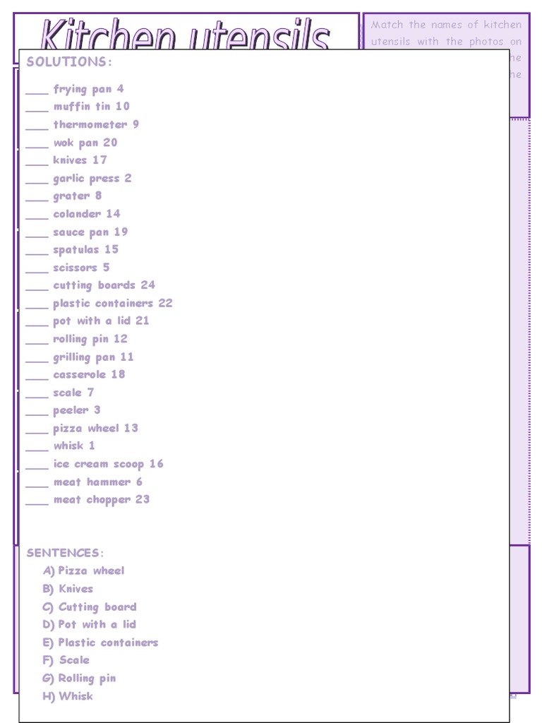 Kitchen Utensil Identification Worksheet | PDF | Cooking, Food & Wine ...