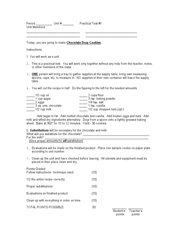 Chocolate Drop Cookies - Practical Test 1 | PDF