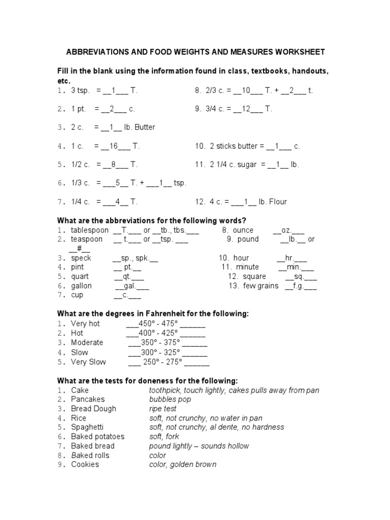 Food Measurement Abbreviations Worksheet | PDF