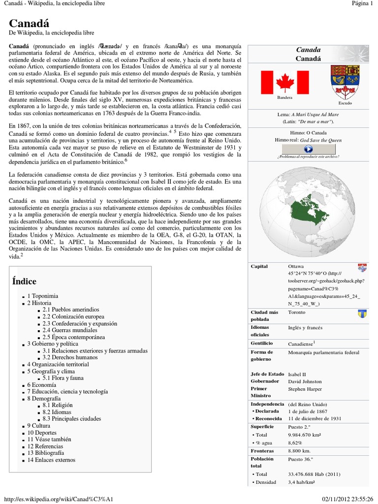 Canadá - Wikipedia, La Enciclopedia Libre | PDF | Canadá | Quebec