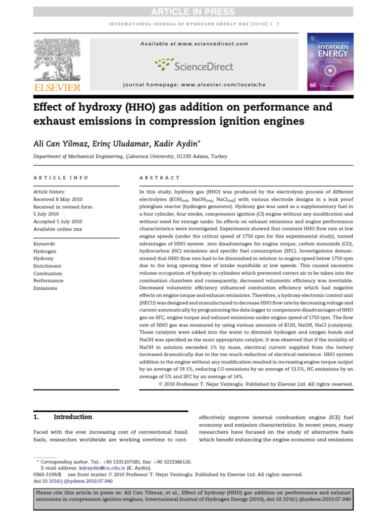 8 Effect of Hydroxy HHO Gas Addition On Perhho | PDF | Internal ...