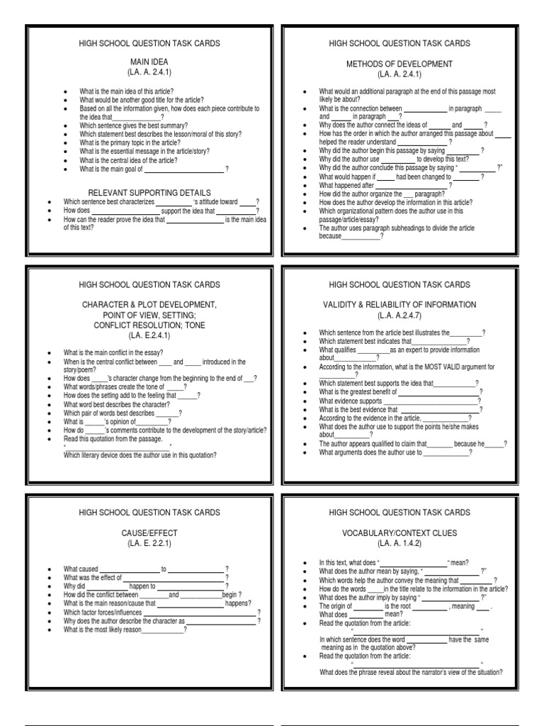 High School Main Idea Task Cards | PDF | Concept | Paragraph