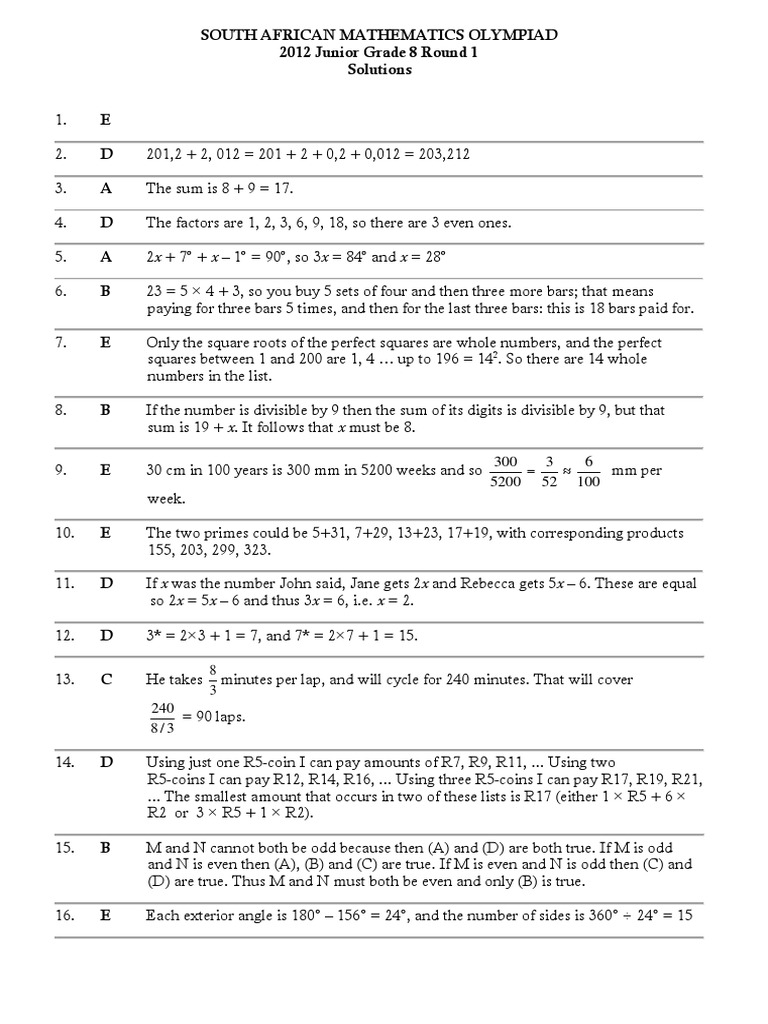 South African Mathematics Olympiad 2012 Junior Grade 8 Round 1 ...
