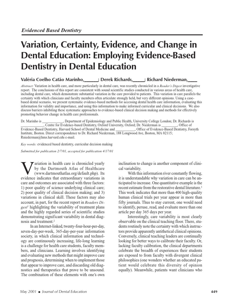 Variation, Certainty, Evidence, and Change in Dental Education ...