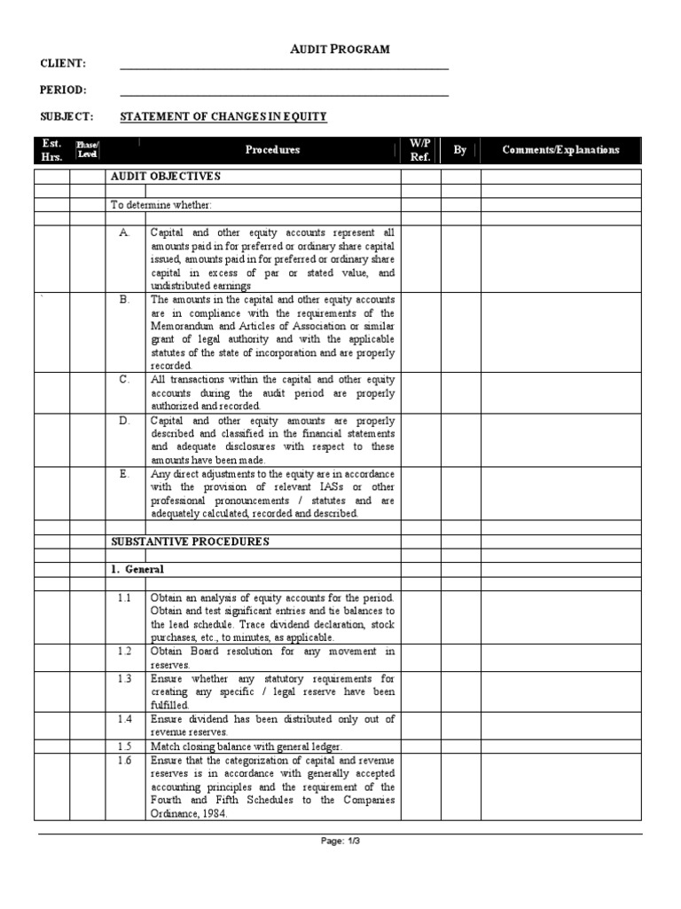 Statement of Changes in Equity Audit Program: Procedures to Verify ...