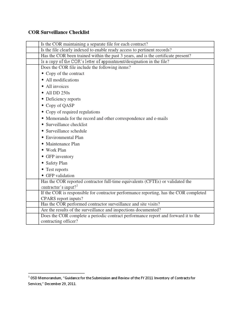 COR Surveillance Checklist: Maintain Complete Contract Files | PDF
