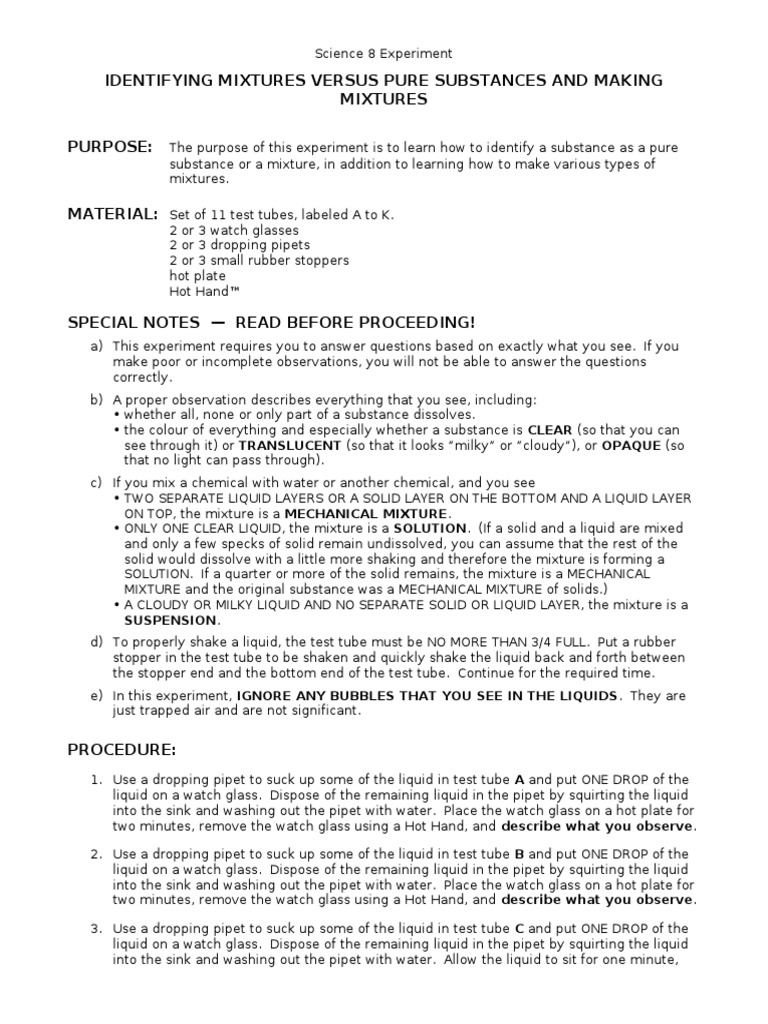 Identifying Mixtures and Pure Substances | PDF | Chemical Substances ...