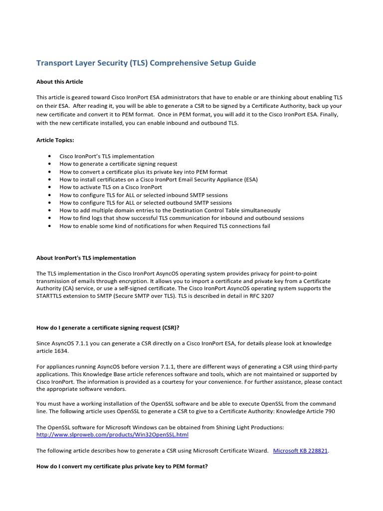 Comprehensive Guide to Setting Up TLS on IronPort ESA | PDF | Transport Layer Security | Public ...