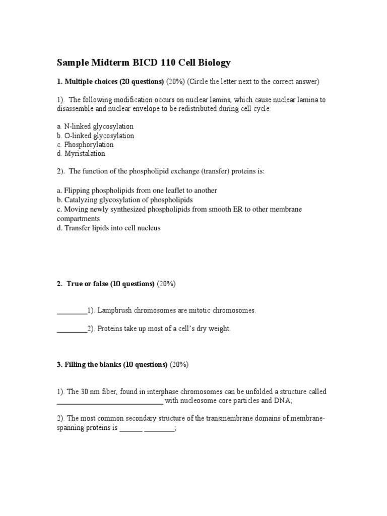 BICD 110 Cell Biology Midterm Exam | PDF