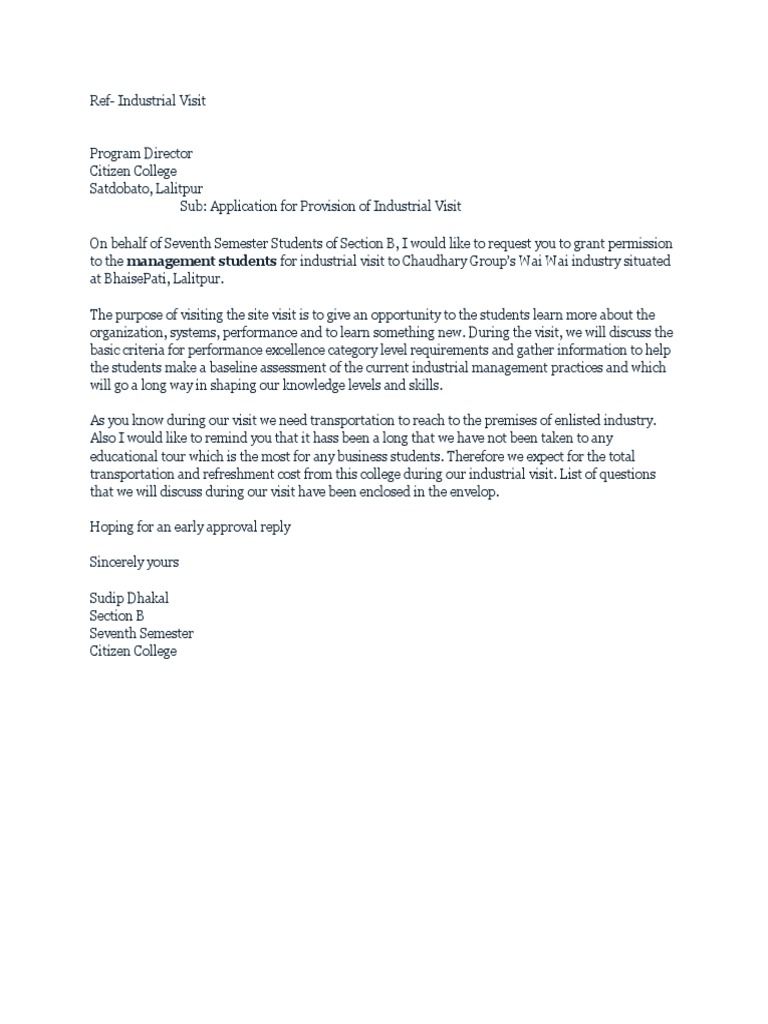 Industrial Visit Letter | PDF
