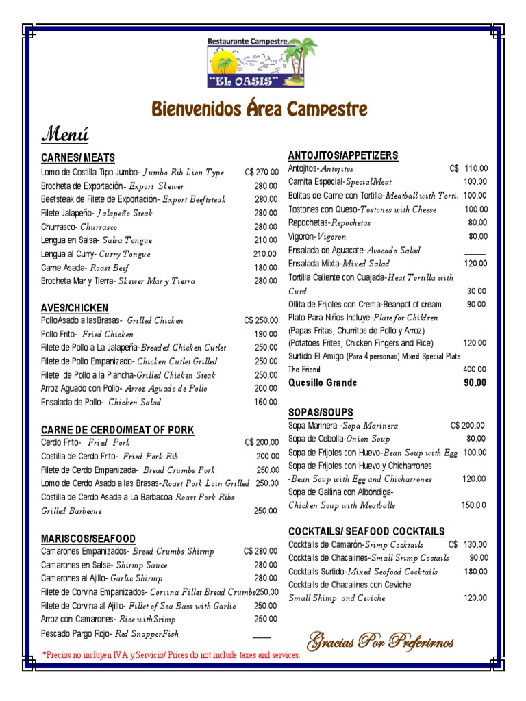 Menu Rest. Campestre El Oasis | PDF | Alimentos | Cocina