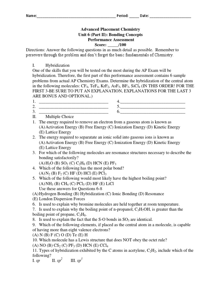 AP Chemistry: Bonding Concepts (Our Unit 6:part 2) Performance ...