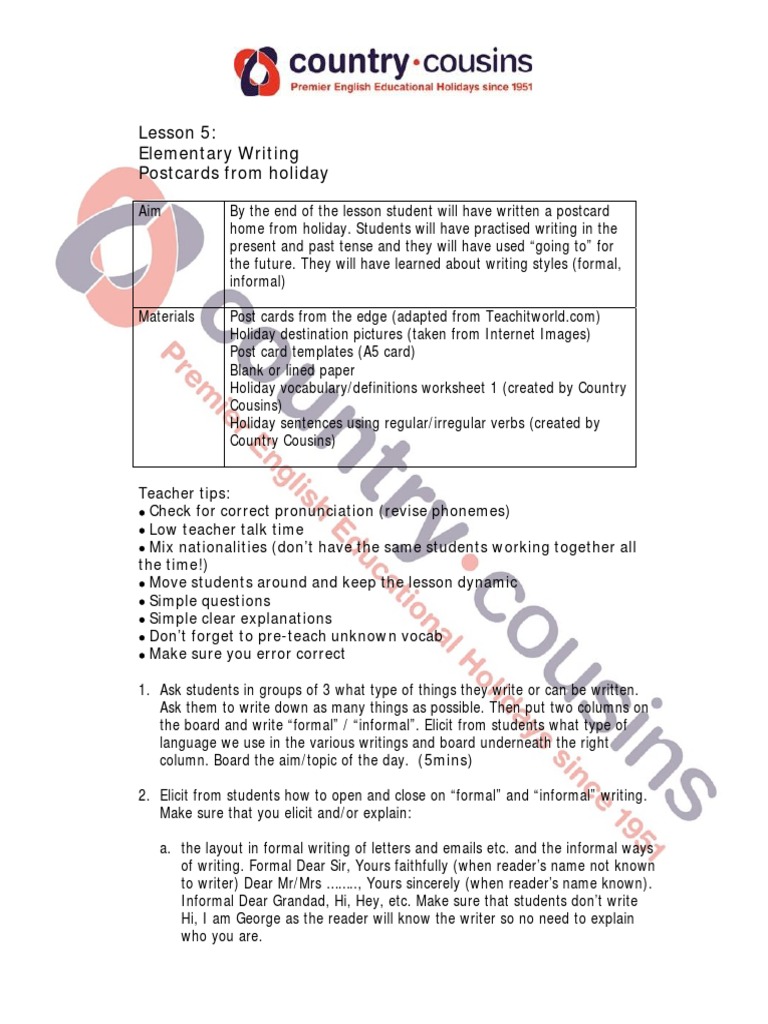 Writing Holiday Postcards Lesson | PDF | Postcard | Grammar