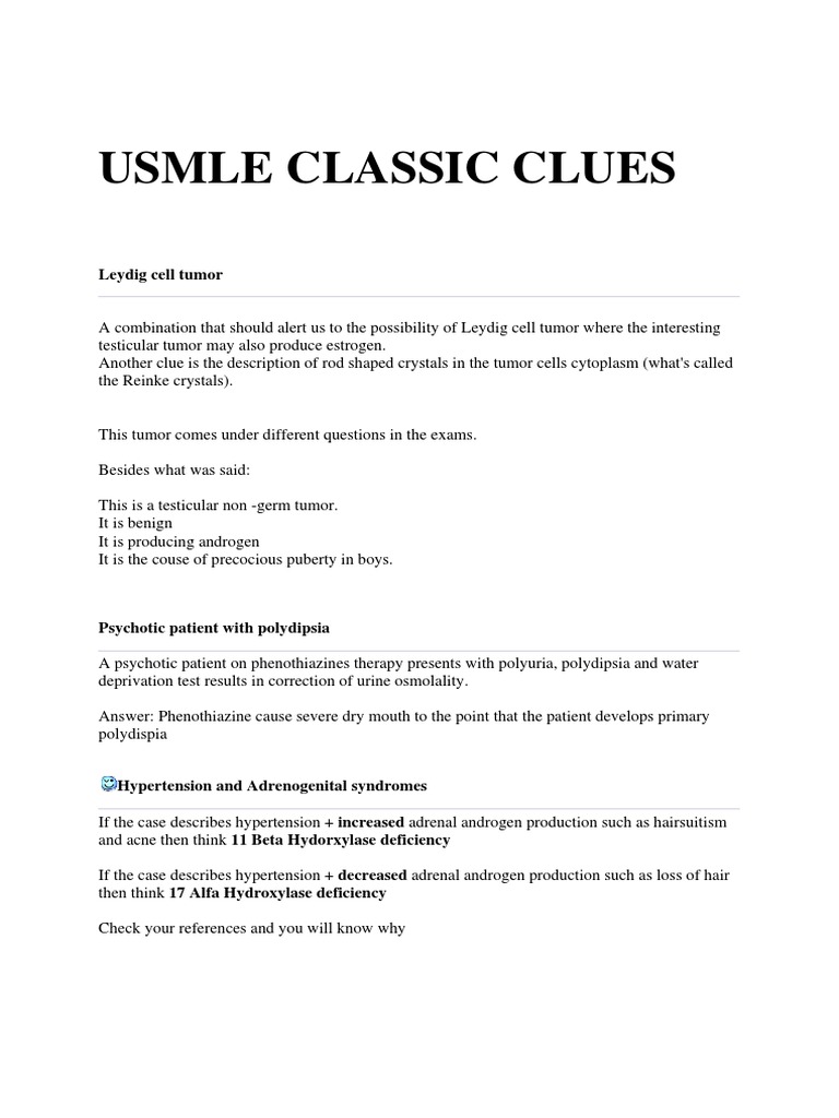 Usmle Classic Clues | PDF | Diseases And Disorders | Clinical Medicine