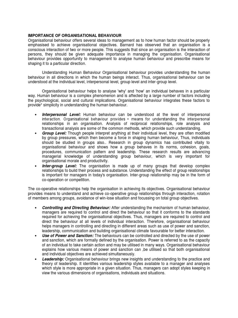 Importance of Organisational Behaviour | PDF | Organizational Behavior ...
